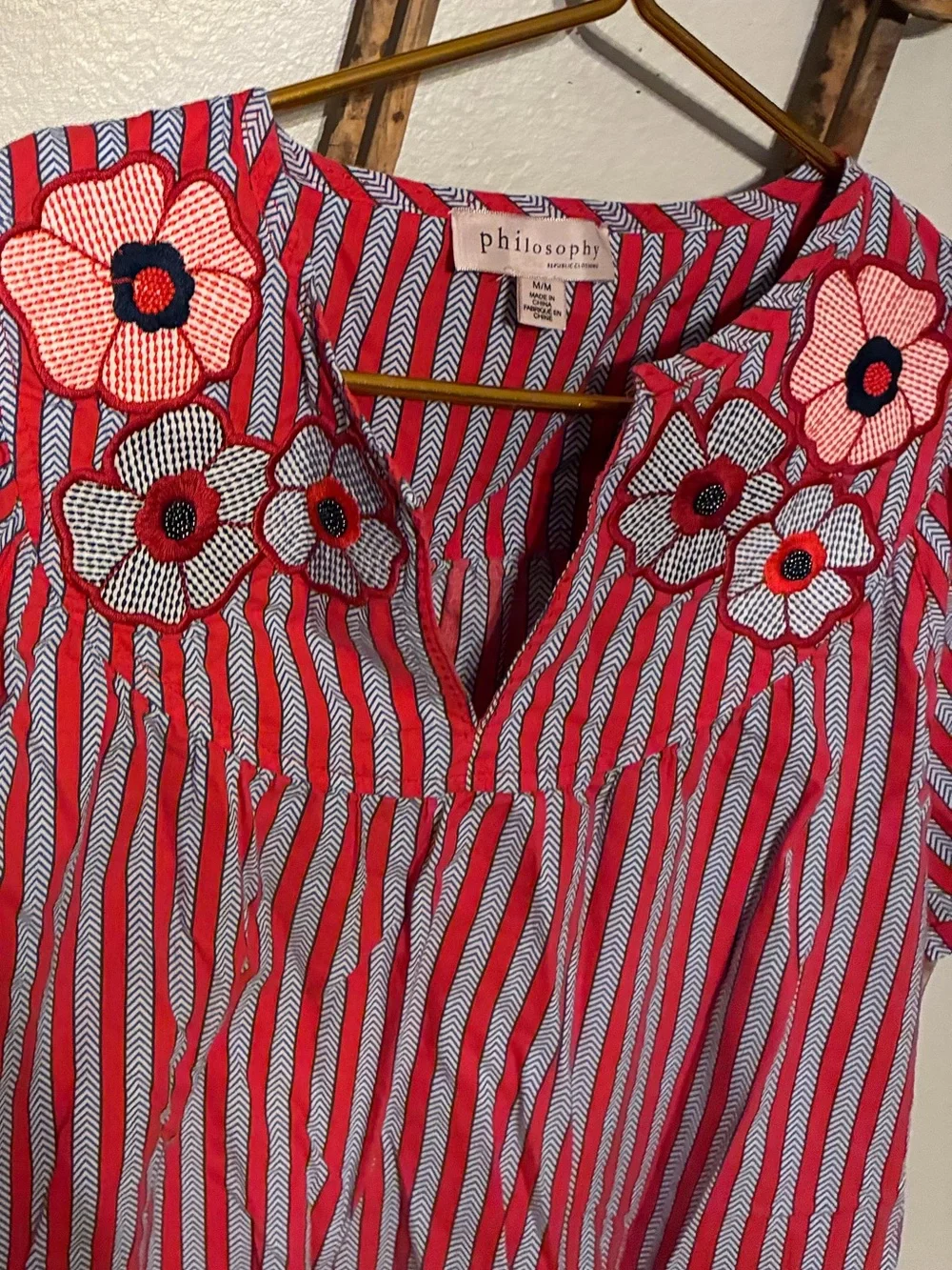 Philosophy | Tops | Philosophy Red And White Striped Floral Embroidered ...